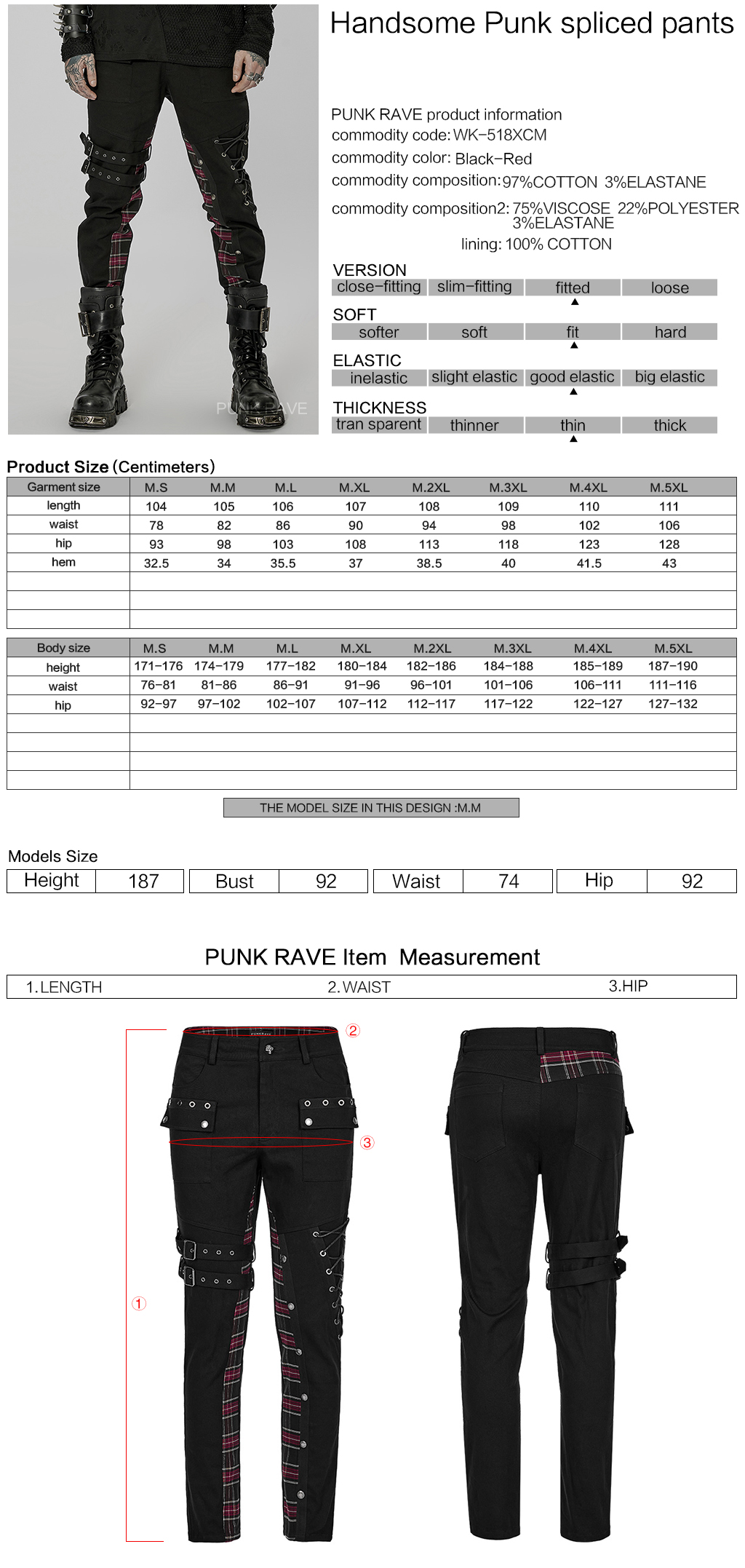 Men Handsome Punk Rock Metallic Spliced Red Plaid Pants