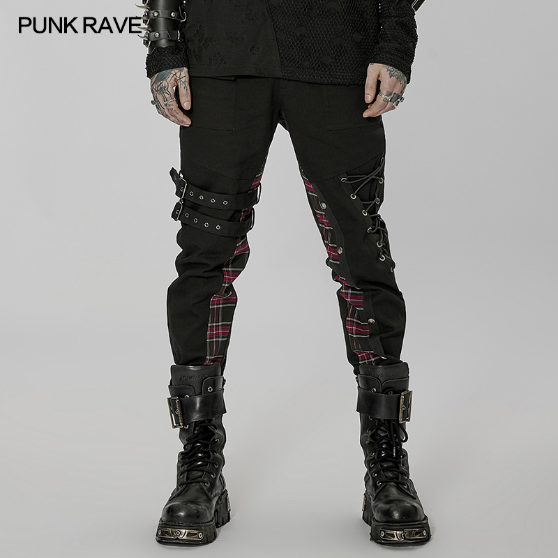 Men Handsome Punk Rock Metallic Spliced Red Plaid Pants