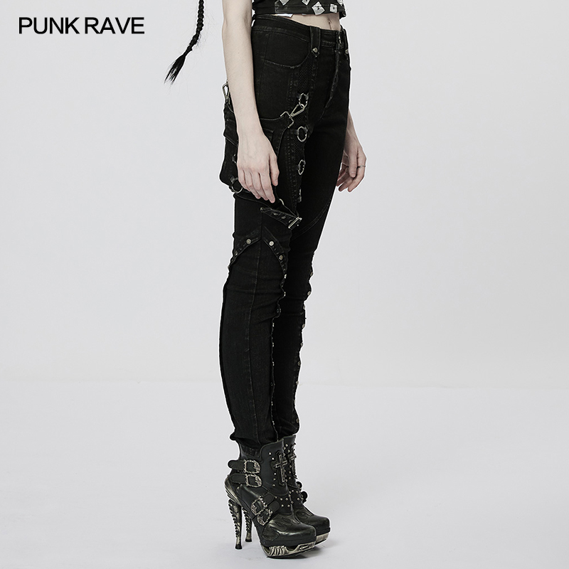Punk Washed Distressed Heavy Metal Elastic Slim Denim Pants